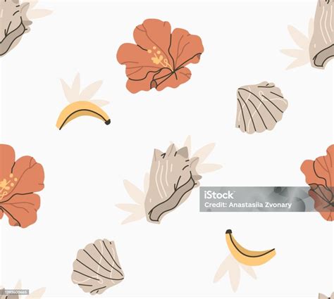 손으로 그린 벡터 추상 스톡 그래픽 여름 만화 미니멀 한 현대 스타일 일러스트 레이 션 열대 꽃 야자수 잎 및 바다 껍질과 원활한 패턴 흰색 배경에 고립 바나나 빵에 대한