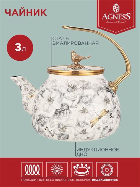 Чайник для плиты эмалированный 3 л Agness ЯБЛОНЕВЫЙ САД для всех видов плит купить с