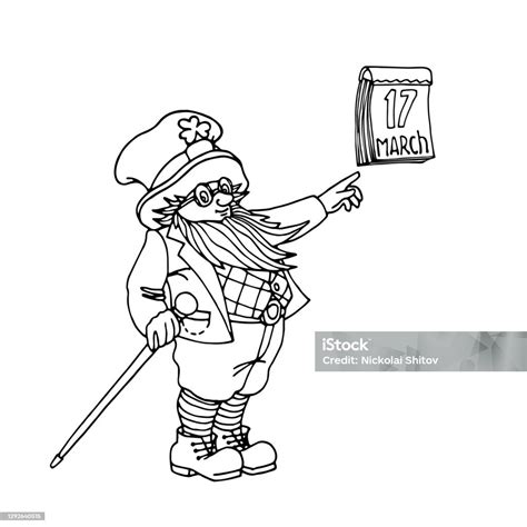 거짓 수염과 지팡이를 가진 레프러천 의상을 입은 남자 성 패트릭의 날 휴가 상징 달력에 대한 스톡 벡터 아트 및 기타 이미지