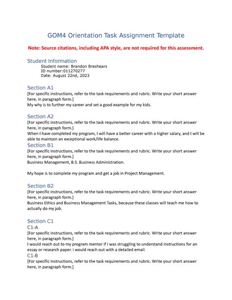 Wgu Orientation Task Gom4 Orientation Task Assignment Template Note Source Citations