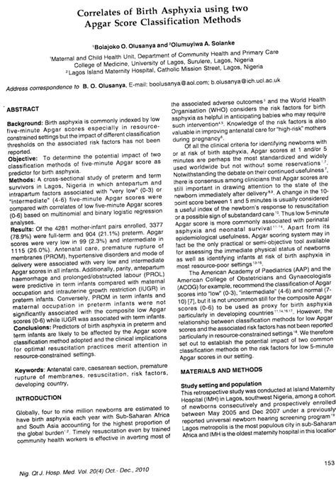 Pdf Correlates Of Birth Asphyxia Using Two Apgar Score Classification