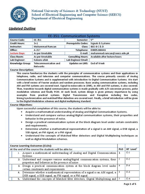 Ee 351 Communication Systems Course Outline Updated Pdf Modulation Data Transmission
