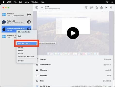 how to boot into macos recovery in utm on apple silicon mac