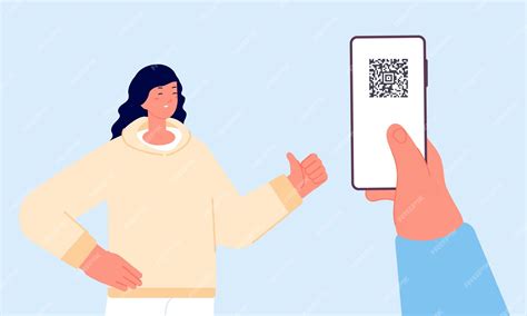 여성 컨트롤러는 Qr 코드를 확인하고 화면에 Id 정보 바코드가 있는 스마트폰을 들고 있는 여성은 예방 접종 벡터 개념에 대한 사람 전화 의료 정보를 보고 있습니다
