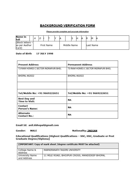 Background Verification Form Callba V12 Pdf Identity Document