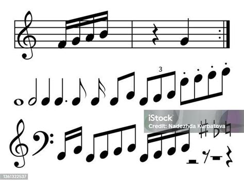 음악 노트 실루엣 고음과베이스 음자리 음악 통치자 그래픽 조각 쓰기 사운드 클래식 멜로디 아트 검은 표지판과 기호 교육 요소 벡터 고립 세트 개체 그룹에 대한 스톡 벡터