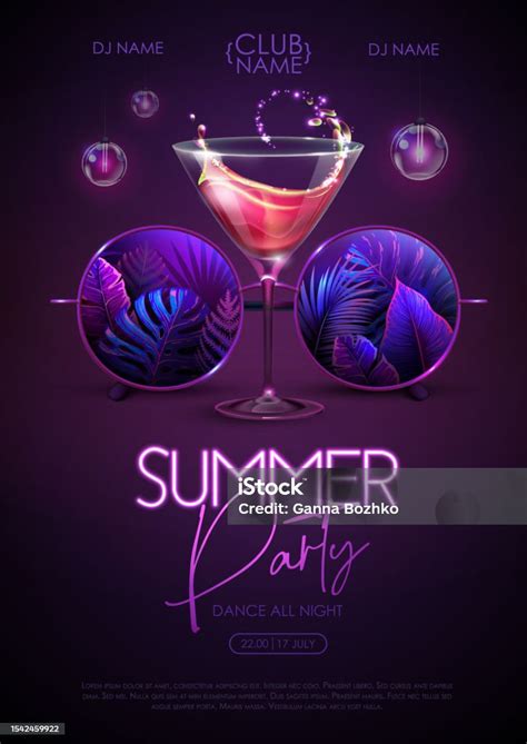 둥근 모양의 선글라스 형광 열대 잎과 칵테일이 있는 여름 디스코 파티 포스터 벡터 그림입니다 밤 하루 시간대에 대한 스톡 벡터