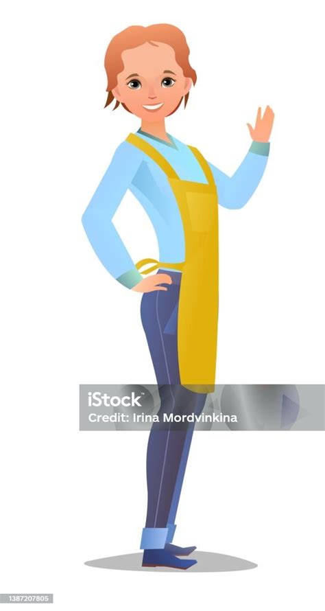 어린 소녀 장인 또는 예술가 앞치마에 십대 작업복 마스터 쾌활한 사람 스탠딩 포즈 만화 만화 스타일의 평면 디자인 단일 문자입니다 흰색 배경에 격리된 그림입니다 벡터 개념에