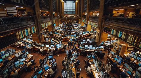 Stock Market Trading Floor With Busy Traders And Monitors Premium Photo