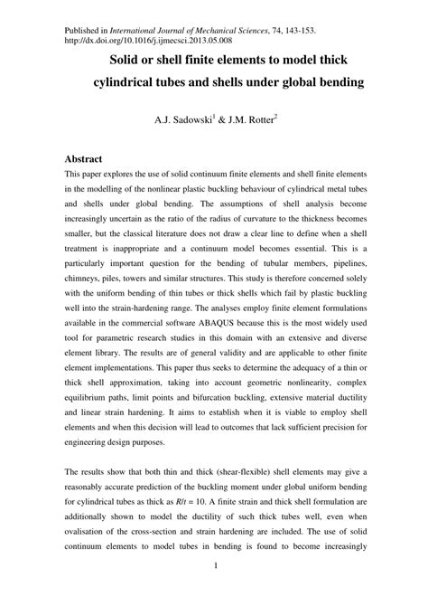 Pdf Solid Or Shell Finite Elements To Model Thick Cylindrical Tubes And Shells Under Global