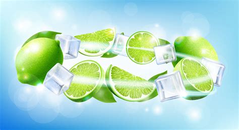 얼음 조각이 떨어지거나 날아가는 신선한 석회 나뭇잎 반 석회 얇게 썬 석회 파란색 배경에 분리된 3d 사실적인 벡터 그림이 있는