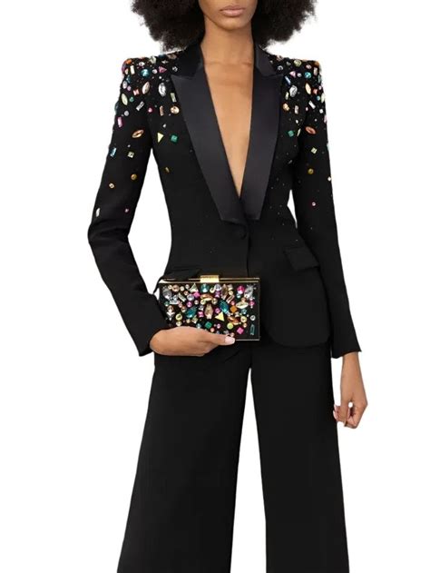 Strass Diamonds Beaded Blazer Pant Suit Women Tuxedo Trouser Suit