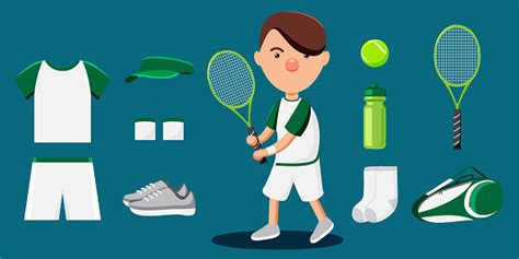 테니스 선수 만화 및 공 유니폼 모자 팔찌 유니폼 신발과 같은 장비 세트 Tennis Tournament에 대한 스톡 벡터 아트