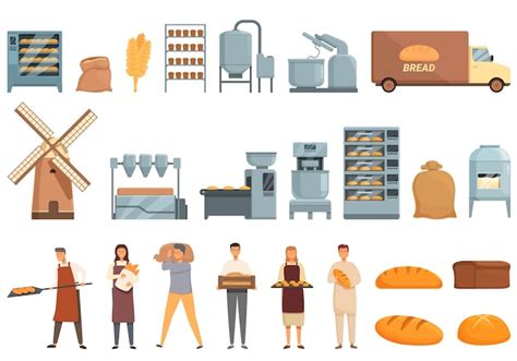 Premium Vector Bread Production Icons Set Cartoon Vector Bread Factory