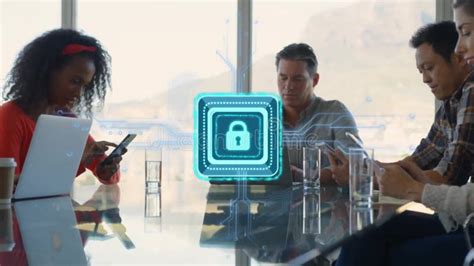 Animation Of Padlock Icon With Circuit Board Over Diverse Business