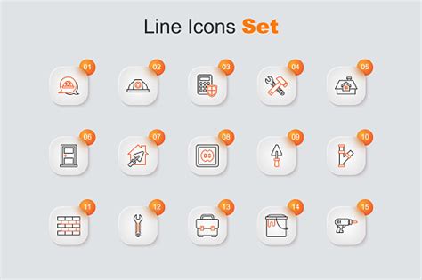 세트 라인 전기 드릴 머신 페인트 통 도구 상자 렌치 스패너 벽돌 산업 금속 파이프 흙손 및 전기 콘센트 아이콘 벡터 건설