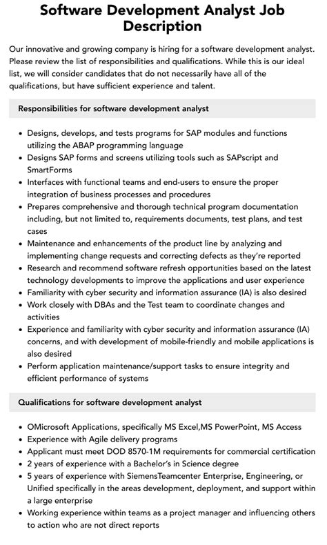 Software Development Analyst Job Description Velvet Jobs