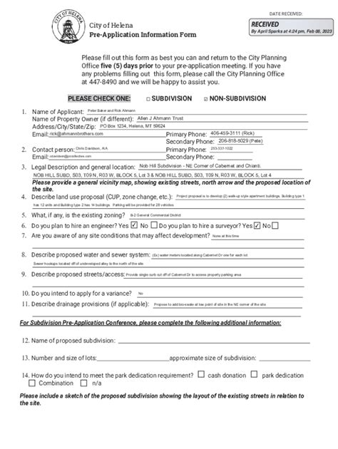 Fillable Online City Of Helena Pre Application Information Form Fax