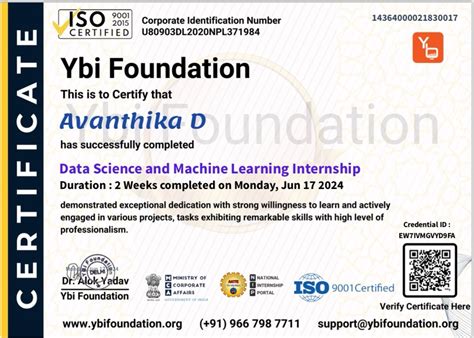 Avanthika D On Linkedin Completed My Internship In Ybi Foundation For Data Science And Machine