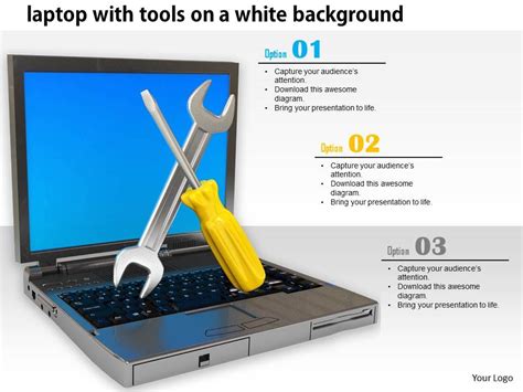 Laptop With Tools On White Background For Repair Services Graphics For Powerpoint