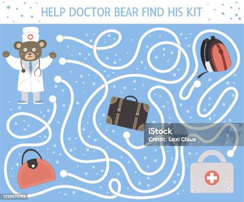 어린이를위한 의료 미로 유치원 의학 활동 귀여운 의사 곰과 잃어버린 응급 처치 키트와 재미있는 퍼즐 게임 의사가 자신의 가방을 찾을 수 있도록 도와주세요 가방에 대한 스톡