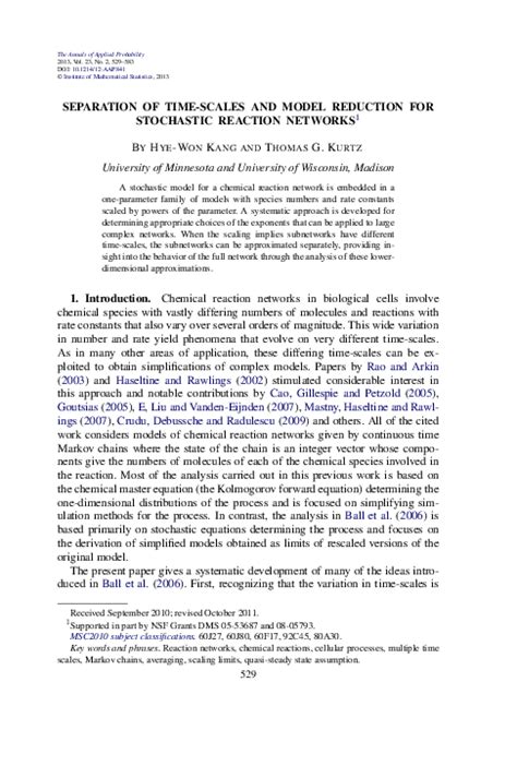 Pdf Separation Of Time Scales And Model Reduction For Stochastic Reaction Networks