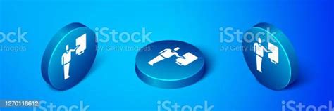 파란색 배경에 격리 된 등색 박물관 가이드 아이콘 파란색 원 버튼입니다 벡터 3차원 형태에 대한 스톡 벡터 아트 및 기타 이미지 3차원 형태 가공의 인물 개념