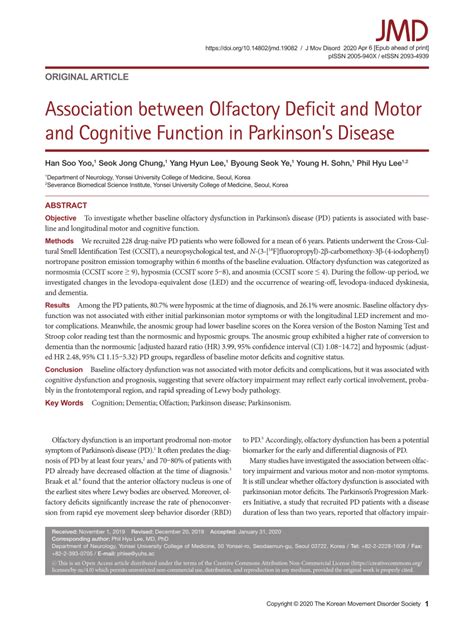Pdf Association Between Olfactory Deficit And Motor And Cognitive Function In Parkinsons Disease
