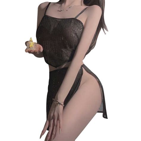 Sex Appeal See Through Sequin Splice Netting Suspenders Kilt Set Sexy