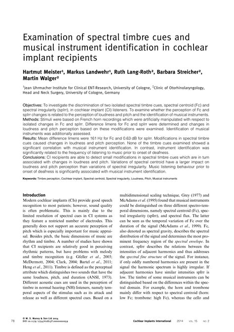 Pdf Examination Of Spectral Timbre Cues And Musical Instrument Identification In Cochlear