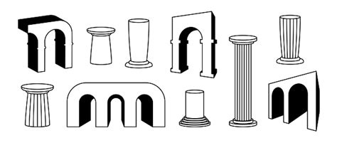 윤곽선 아치와 기둥 모음 선형 초현실적 인 그리스 요소 세트입니다 흑백 대담한 3d 아크 도어 기둥 게이트 번들 콜라주 포스터 배너 스티커를 위한 트리피 모양 벡터 팩 0