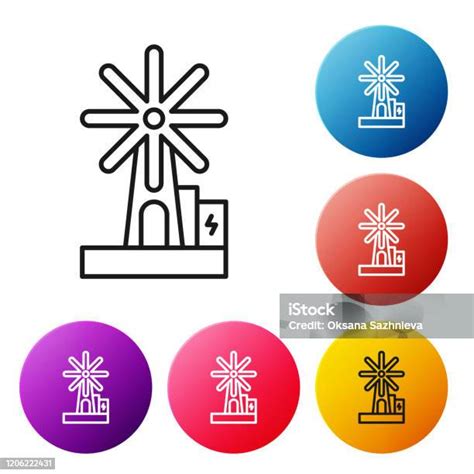 흰색 배경에 격리 된 검은 선 풍력 터빈 아이콘입니다 풍력 발전기 기호입니다 전력 생산을 위한 풍차 아이콘 다채로운 원 버튼을 설정합니다 벡터 일러스트레이션 개발에 대한