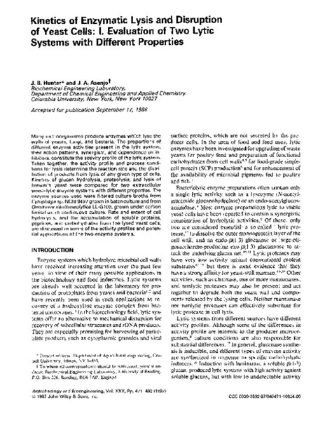 Pdf Kinetics Of Enzymatic Lysis And Disruption Of Yeast Cells I Evaluation Of Two Lytic