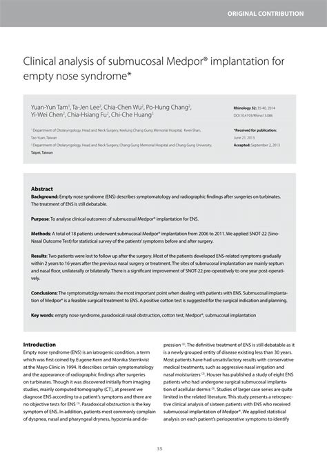 Pdf Clinical Analysis Of Submucosal Medpor Implantation For Empty Nose Syndrome