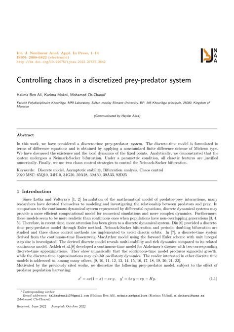 Pdf Controlling Chaos In A Discretized Prey Predator System