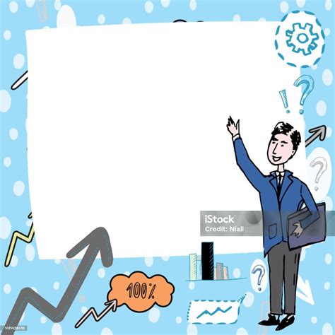 신사 드로잉 스탠딩 포인팅 핑거 에 빈 화이트 보드 남자 디자인은 새로운 아이디어와 의미를 보여주는 손 빈 보드를 의미 스탠드