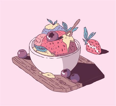 블루 베리 손 스타일로 딸기 아이스크림 아이스크림 그림 프리미엄 벡터