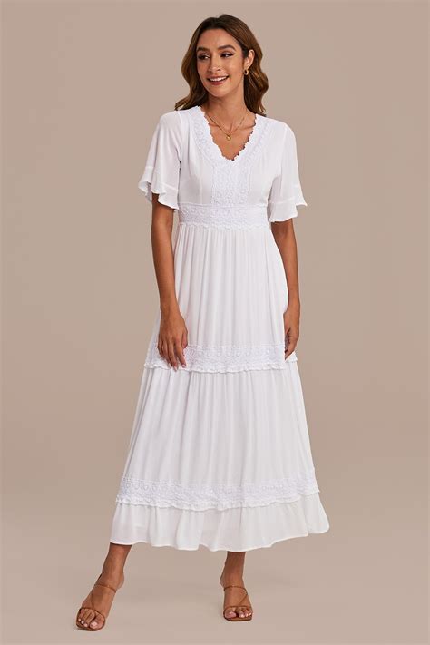 White Lace Short Sleeve V Neck Tiered Maxi Dress Petallush