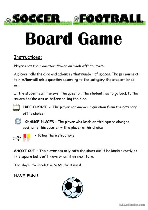 Soccer Football Board Game A Bo English ESL Worksheets Pdf Doc