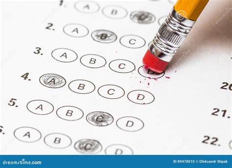 Standardized Quiz Or Test Score Sheet With Multiple Choice Answers Pencil And Eraser Stock
