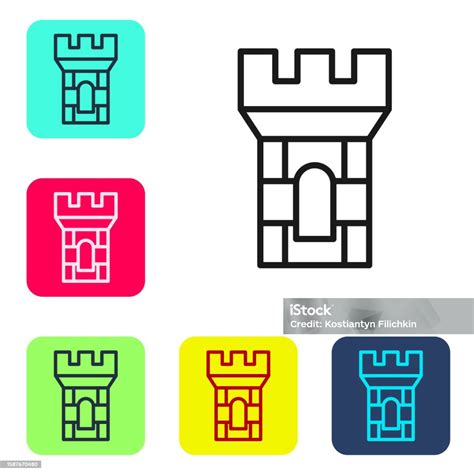 Икона Башни Замка Черной Линии Изолирована На Белом Фоне Знак Крепости Установите Значки В