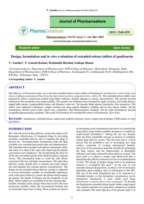 Pdf Design Formulation And In Vitro Evaluation Of Extended Release Tablets Of Guaifenesin