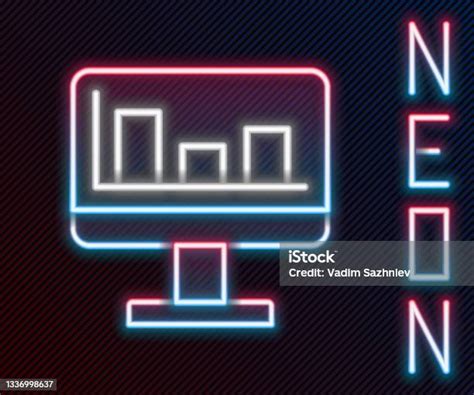 검은 색 배경에 격리 된 그래프 차트 아이콘이있는 빛나는 네온 라인 컴퓨터 모니터 텍스트 파일을 보고합니다 회계 기호 감사 분석