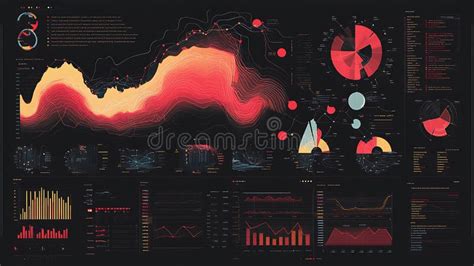 Abstract Data Visualization Dashboard Featuring Graphs Charts And Statistical Elements In Red