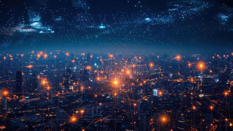A Digital Representation Of A Cityscape Illuminated By Network Connections And Data Flow Stock