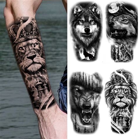 Temporary Tattoo Patch For Men And Women Lion Head Tiger And Bear Crown On Upper Arm 4 Sheets
