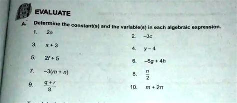 A Evaluate Determine The Constants And The Variables In Each Algebraic Expression 1 2a 2