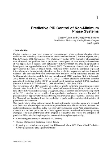Pdf Intech Predictive Pid Control Of Non Minimum Phase Systems
