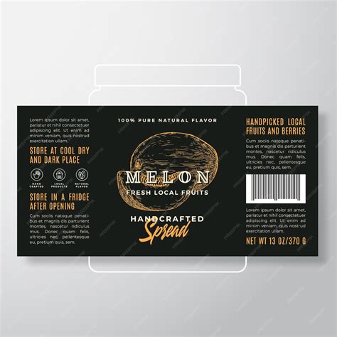 손으로 만든 과일 확산 또는 잼 레이블 템플릿 추상적인 벡터 포장 디자인 레이아웃 현대 타이포그래피 배너 조각 실루엣 배경으로 손으로 그린 멜론 프리미엄 벡터