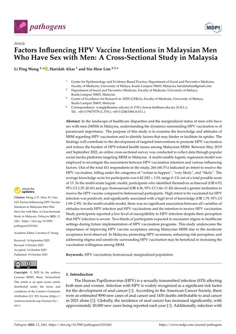 PDF Factors Influencing HPV Vaccine Intentions In Malaysian Men Who Have Sex With Men A Cross